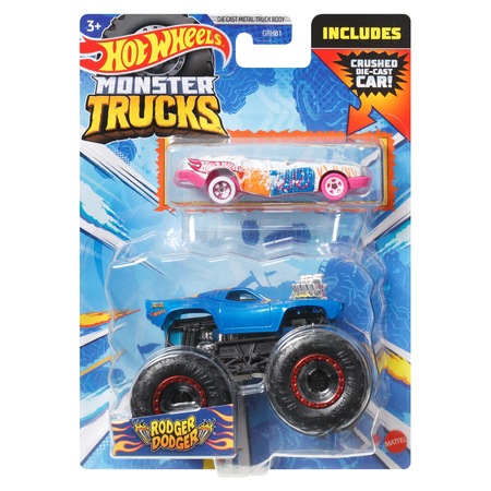 Set 2 masinute Hot Wheels - Monster Truck, Rodger Dodger, cu o masinuta metalica - eMAG.ro