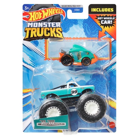 Set 2 masinute Hot Wheels - Monster Truck, Pure Muscle, cu o masinuta metalica - eMAG.ro