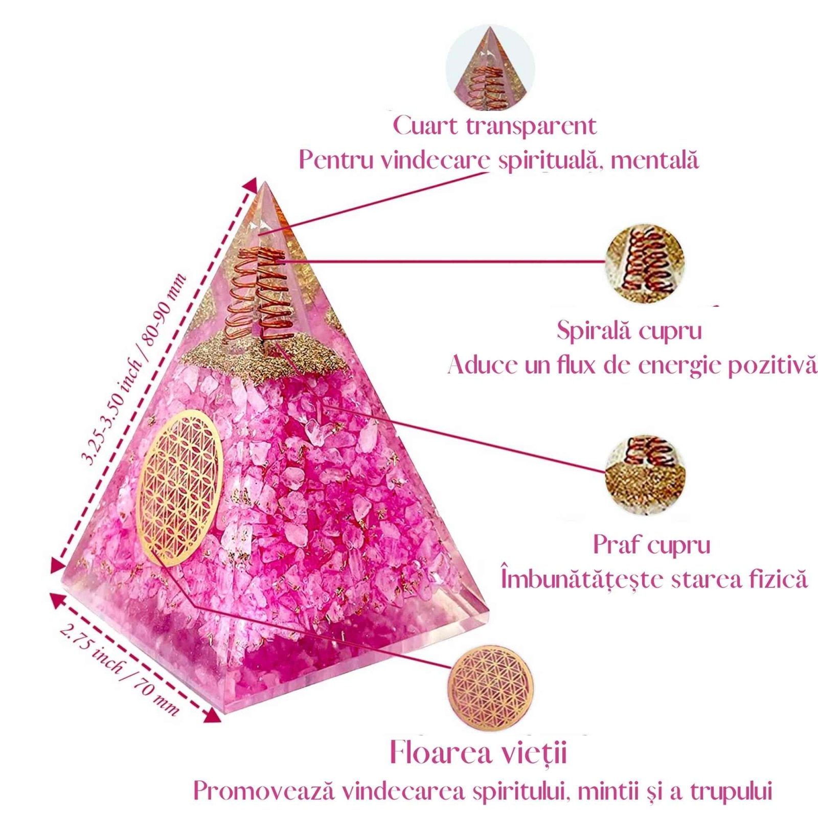 Piramida orgonica cuart roz si simbolul floarea vietii 8 cm ...