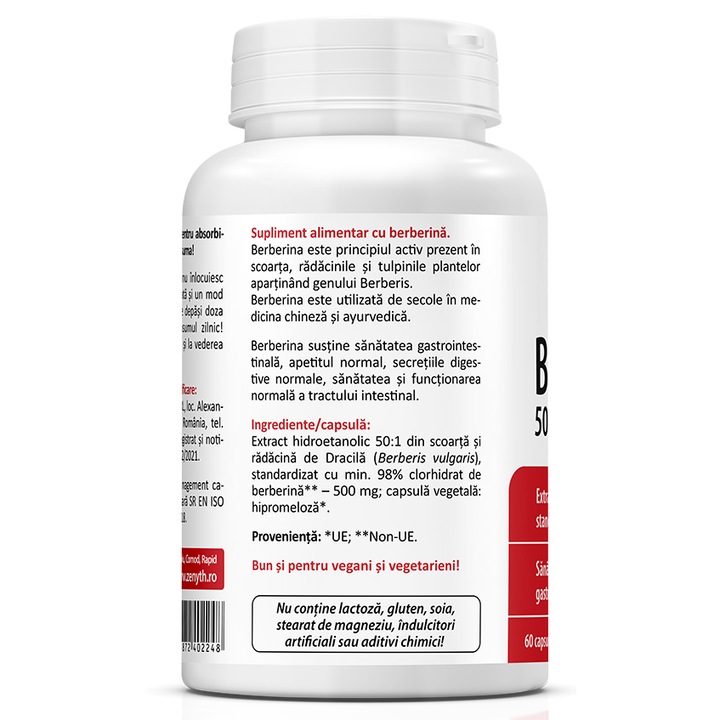 Berberine, 500 mg, Zenyth, 60 capsule - eMAG.ro
