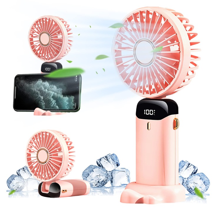 Mini ventilator portabil, Kron, USB, 3000 mAh, 5 viteze, Roz - eMAG.ro