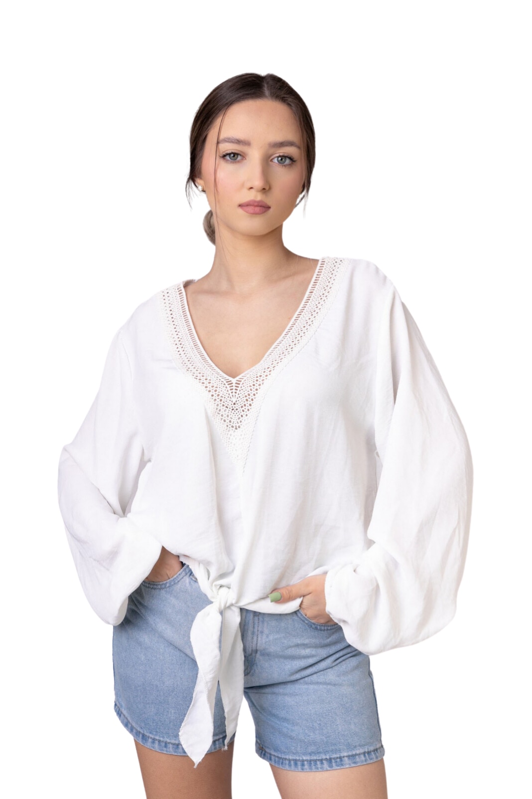 Bluza alba cu nod in talie, Poliester, One Size INTL - eMAG.ro