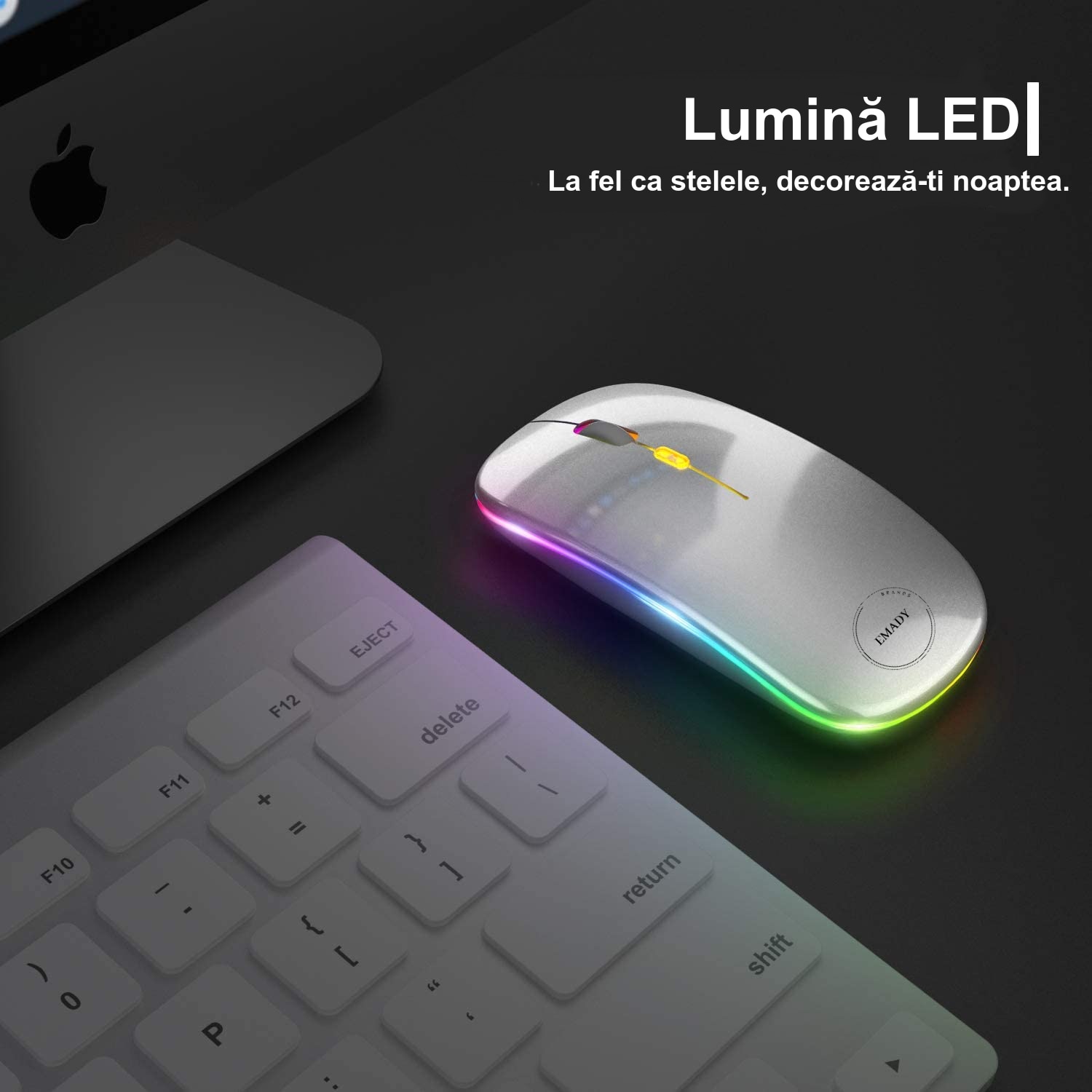 Mouse Wireless Emady, LED RGB, Bleuthooth, Silent, Ergonomic, Alb ...