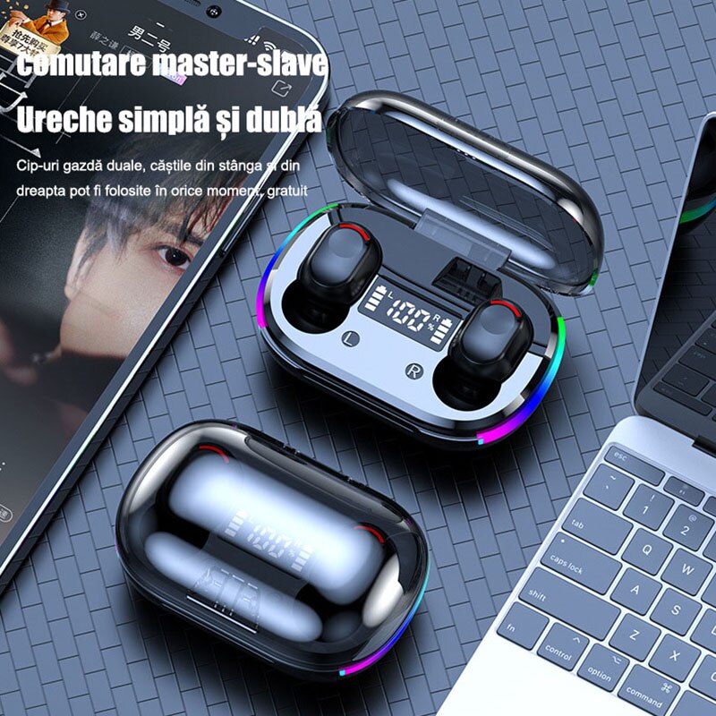 Casti fara fir, K10, Bluetooth 5.3, ecran LED, calitate sunet HD, negru ...