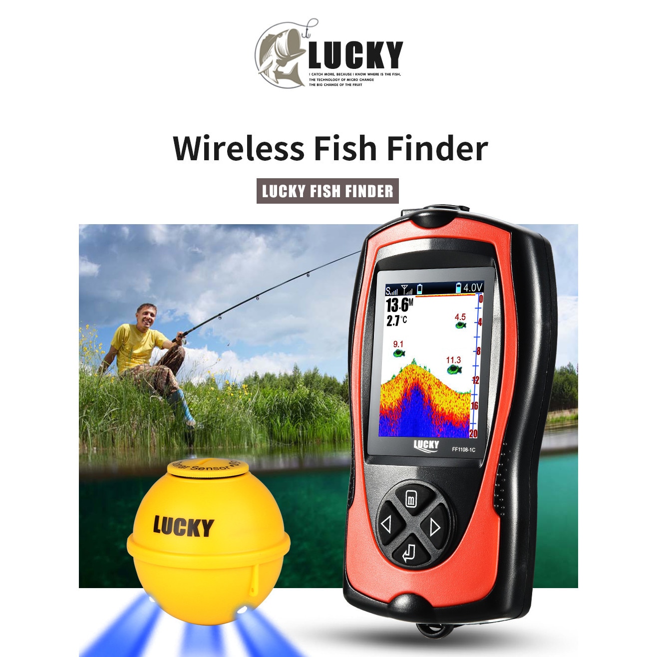 Сонар Lucky FF1108-1CWLA, Безжичен, За откриване на риба или дълбочина ...