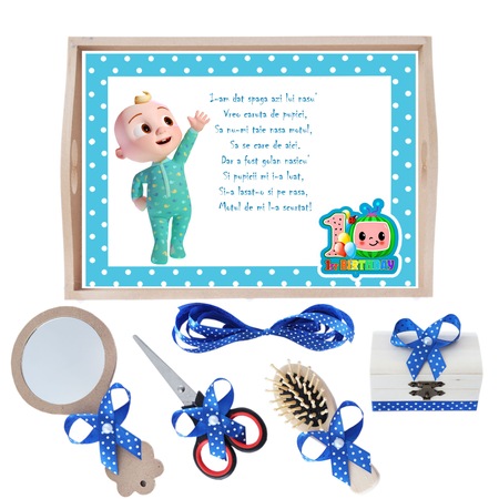 Set tava pentru taiere mot la baieti, model cu Cocomelon, albastru ...