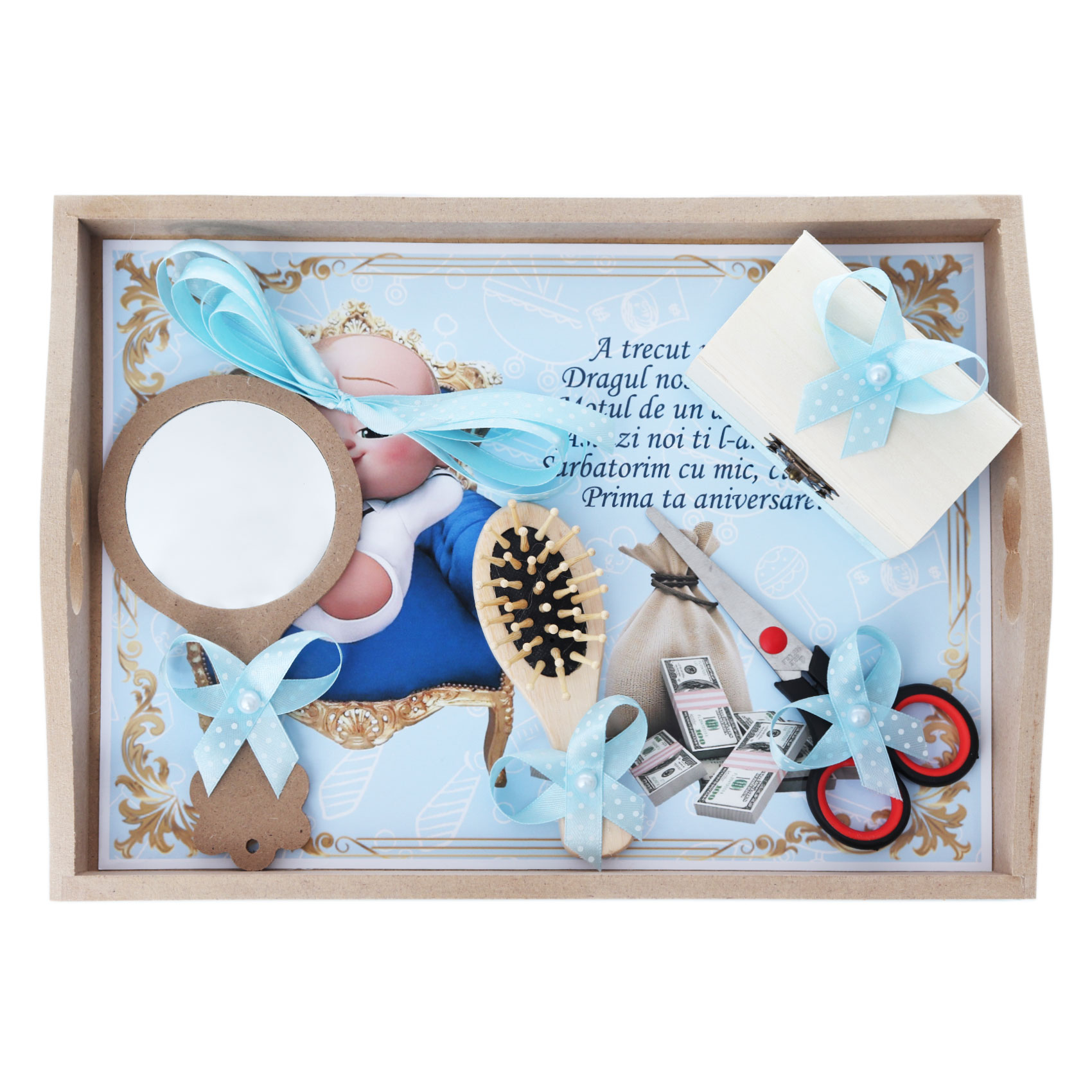 Set tava pentru taiere mot la baieti, model cu Bebe Boss, bleu, 6 piese ...