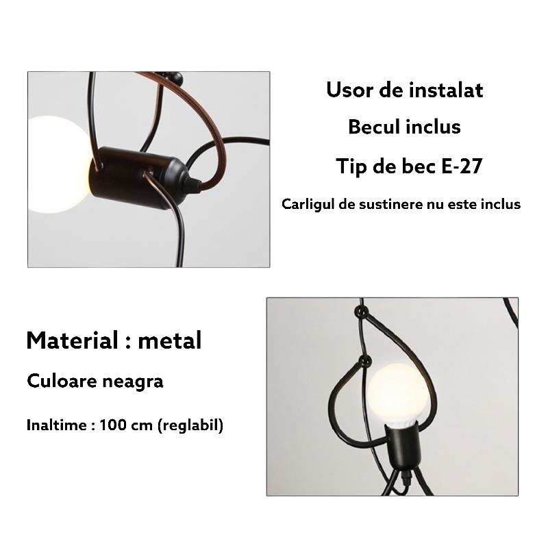 Pendul suspedat creativ, camera de copii, culoare neagra, bec inclus ...