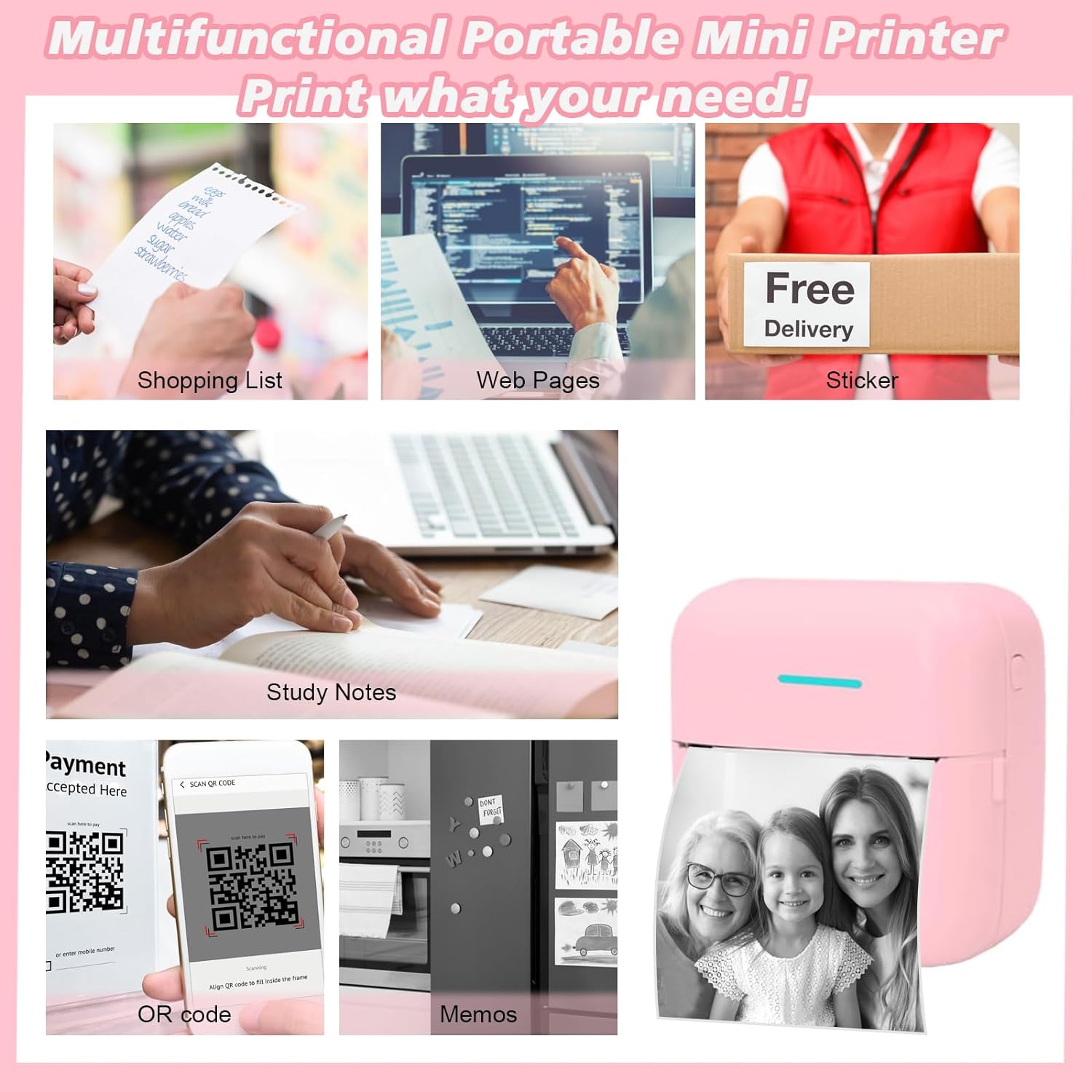 Mini imprimanta termica si 10 role hartie 57x25mm, cu stilouri colorate ...