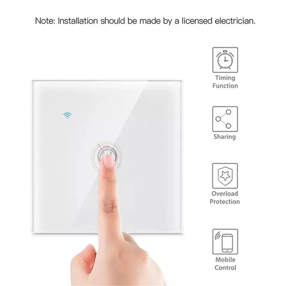 Intrerupator inteligent cu touch, Wi-Fi, fara Nul, 1 canal, 10A, sticla ...