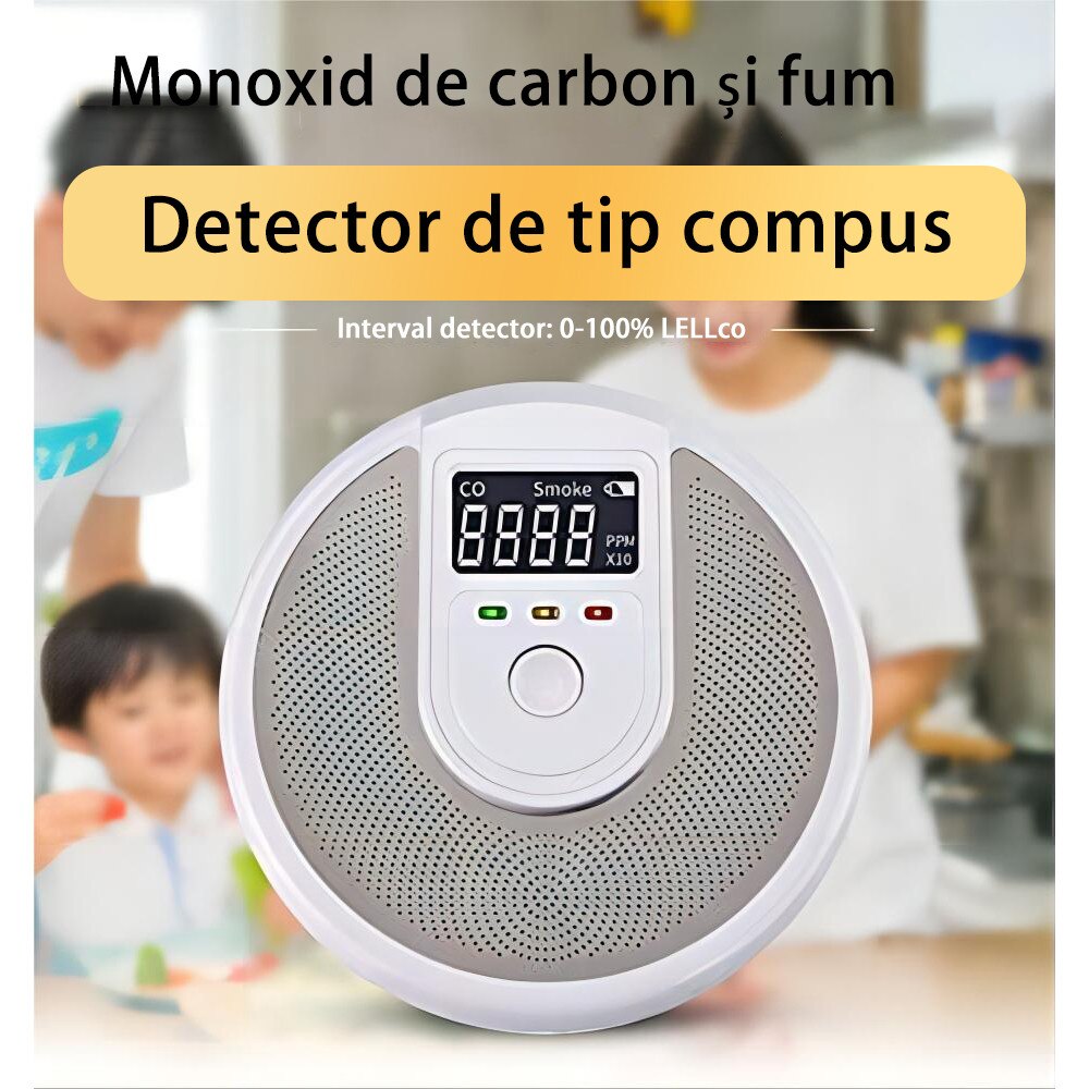 Detector de monoxid de carbon si fum, BYONDSELF®, afisaj LCD, raspuns ...