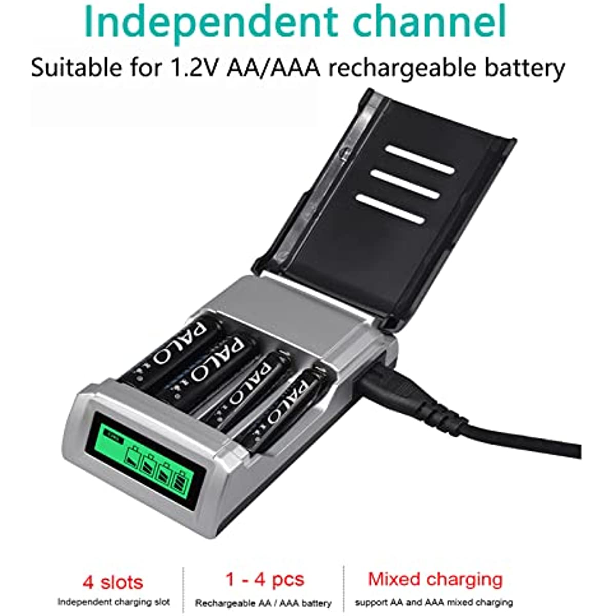Incarcator inteligent pentru baterii AA/AAA/NiCd/NiMh, Cu 4 sloturi ...