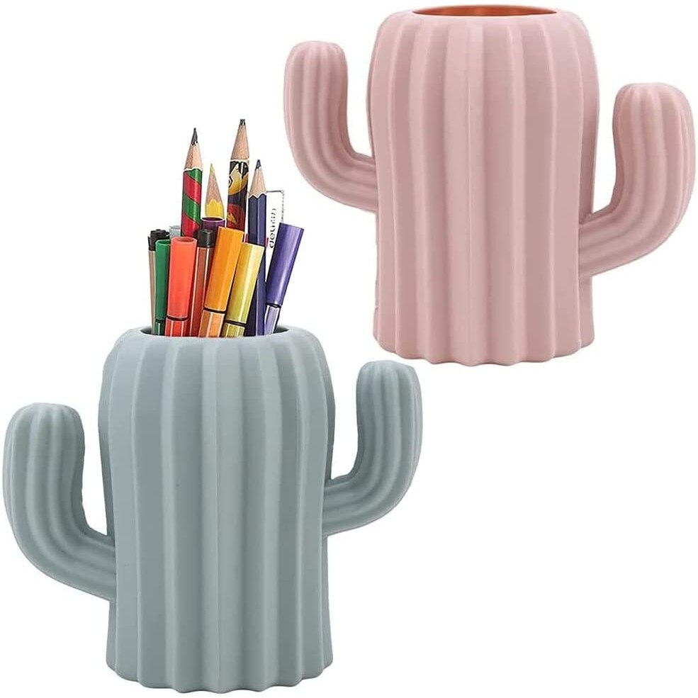 Set 2 suporturi articole birou, Polietilena, Model cactus, Verde/Roz ...