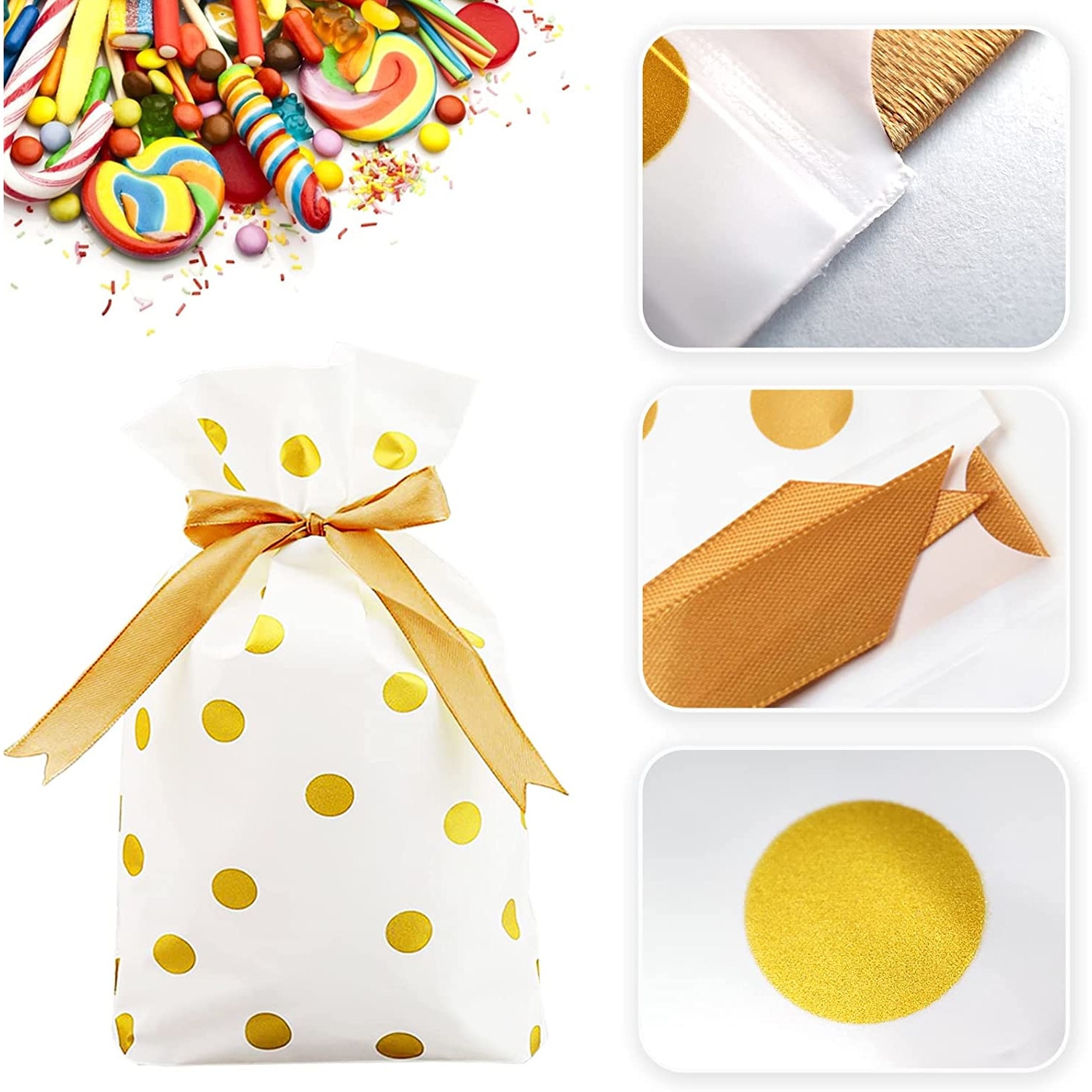 Set 50 saculeti cadou cu snur, Plastic, 12 x 17 x 6 cm, Alb/Auriu - eMAG.ro