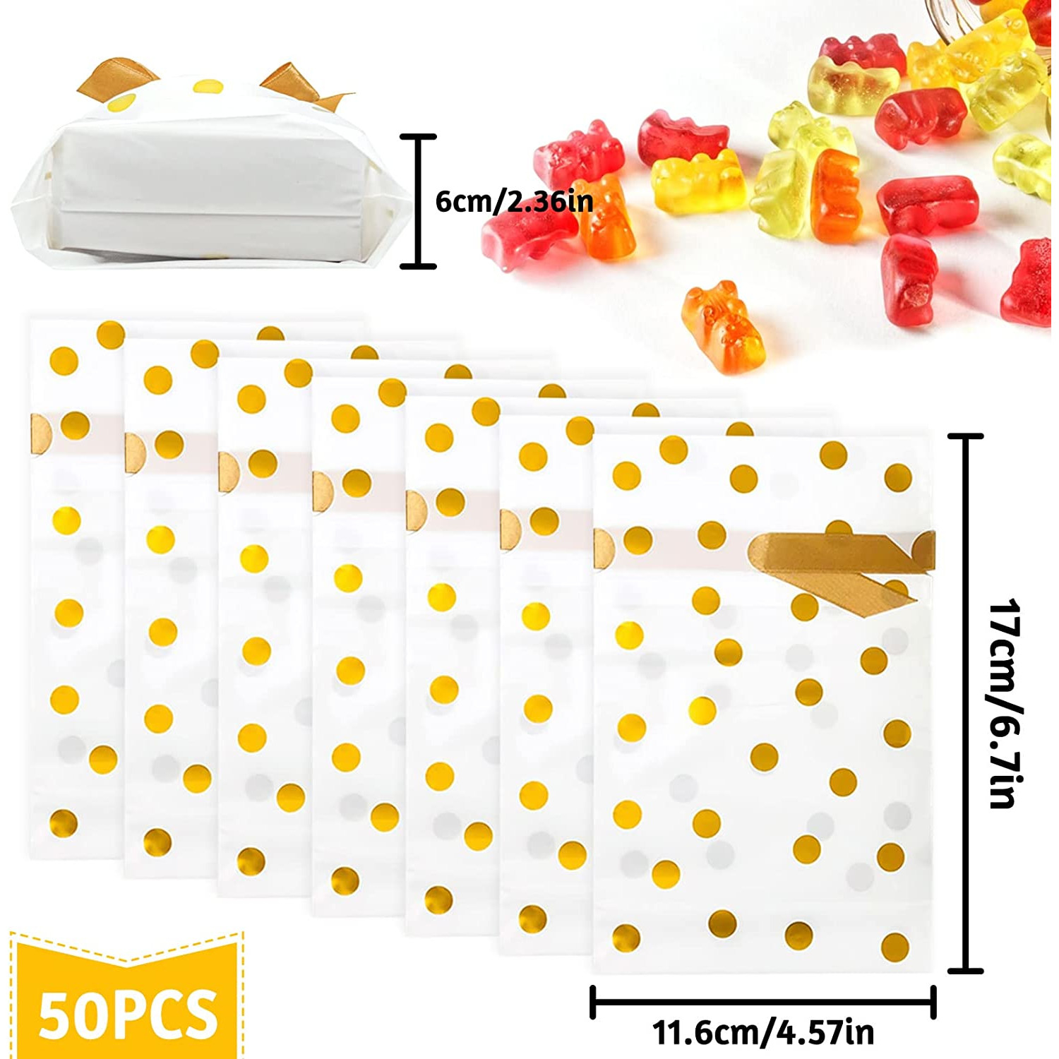 Set 50 saculeti cadou cu snur, Plastic, 12 x 17 x 6 cm, Alb/Auriu - eMAG.ro