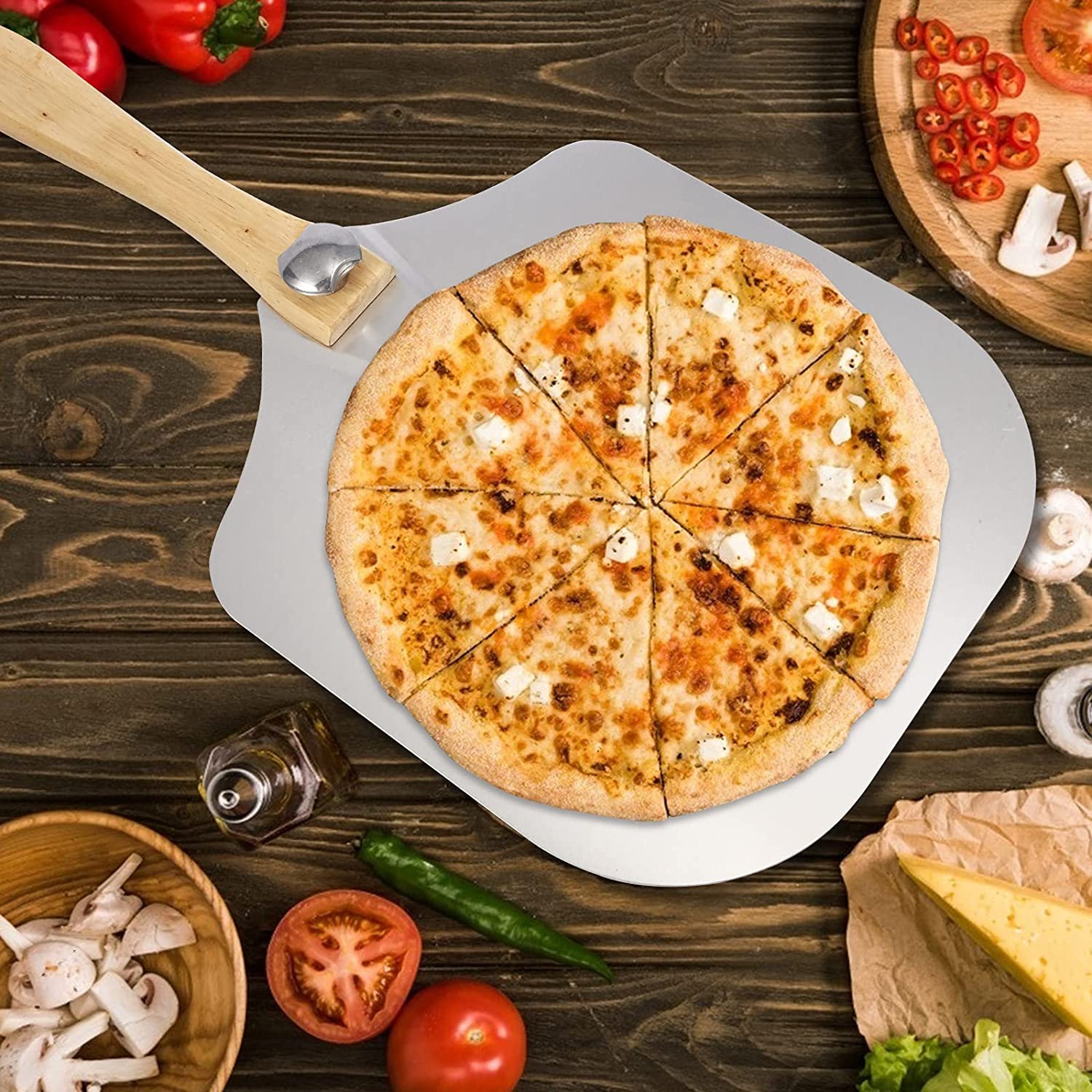 Paleta de pizza cu maner pliabil, Aluminiu/Lemn, 30x35 cm, Argintiu ...