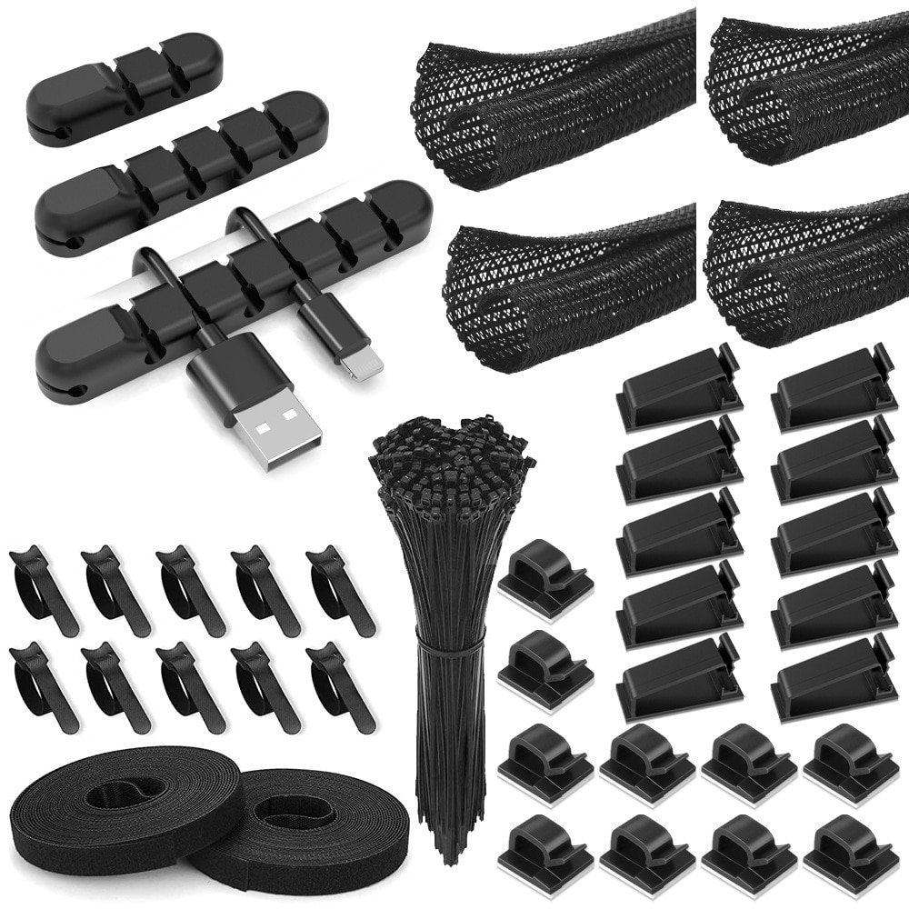 Set 139xaccesorii organizare cabluri, Silicon/Poliester, Negru - eMAG.ro