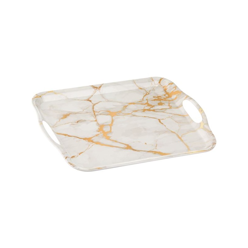 Tava servire, Plastic, 35 x 25 x 2 cm, Alb/Auriu - eMAG.ro