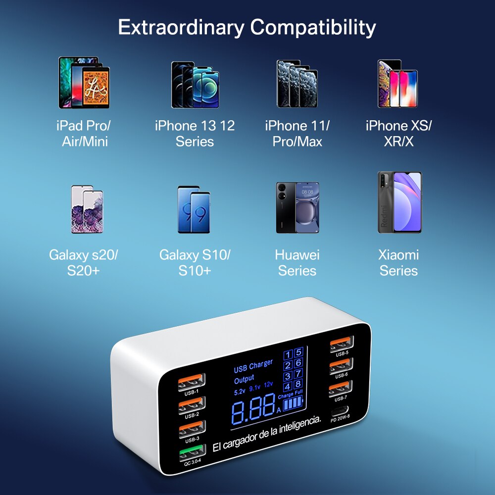 Statie de incarcare rapida inteligenta cu 8 porturi, Walalla, ABS, 60 W ...