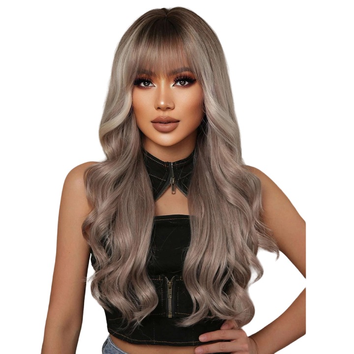 Peruca pentru femei, par lung ondulat, cu breton, imita parul natural ...