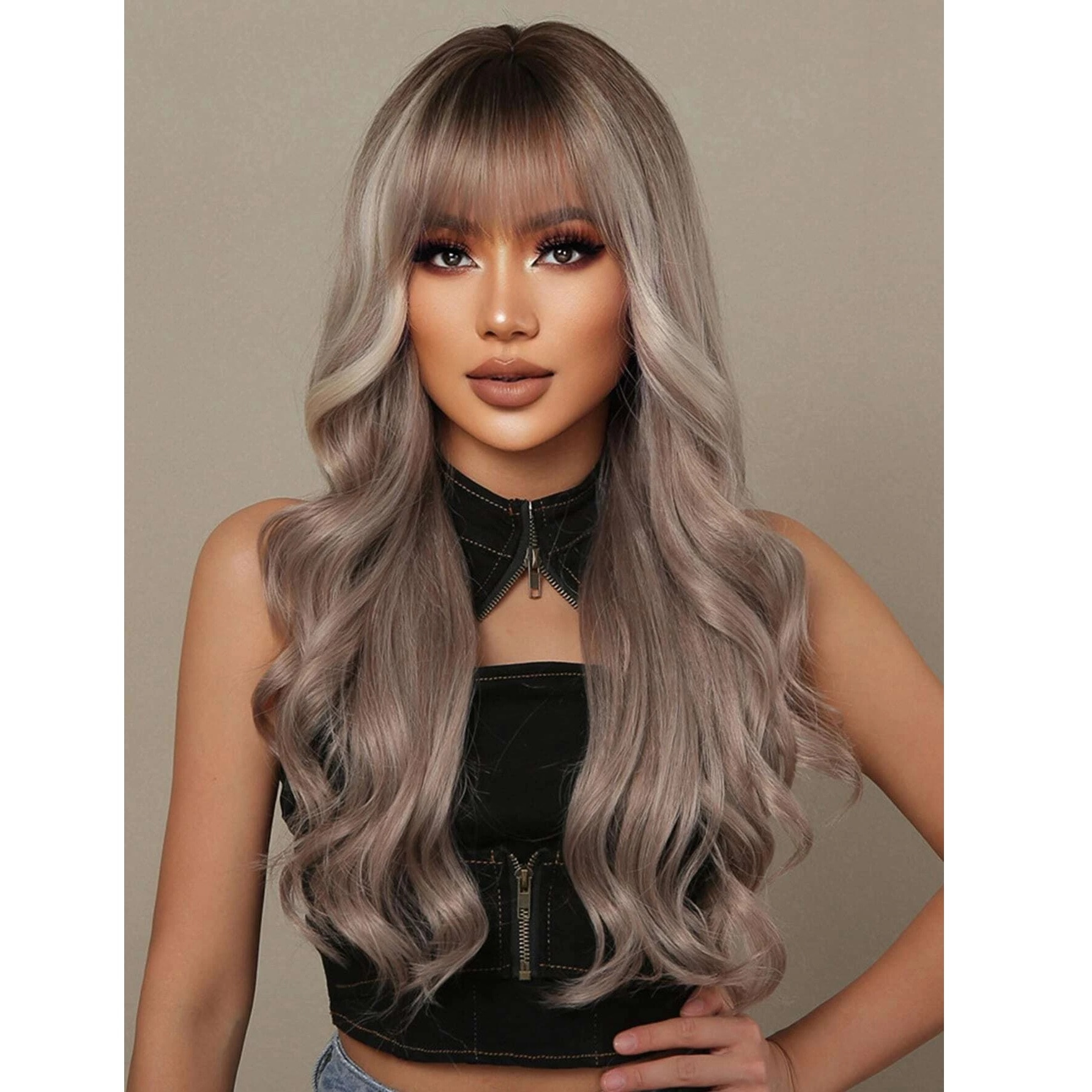 Peruca pentru femei, par lung ondulat, cu breton, imita parul natural ...