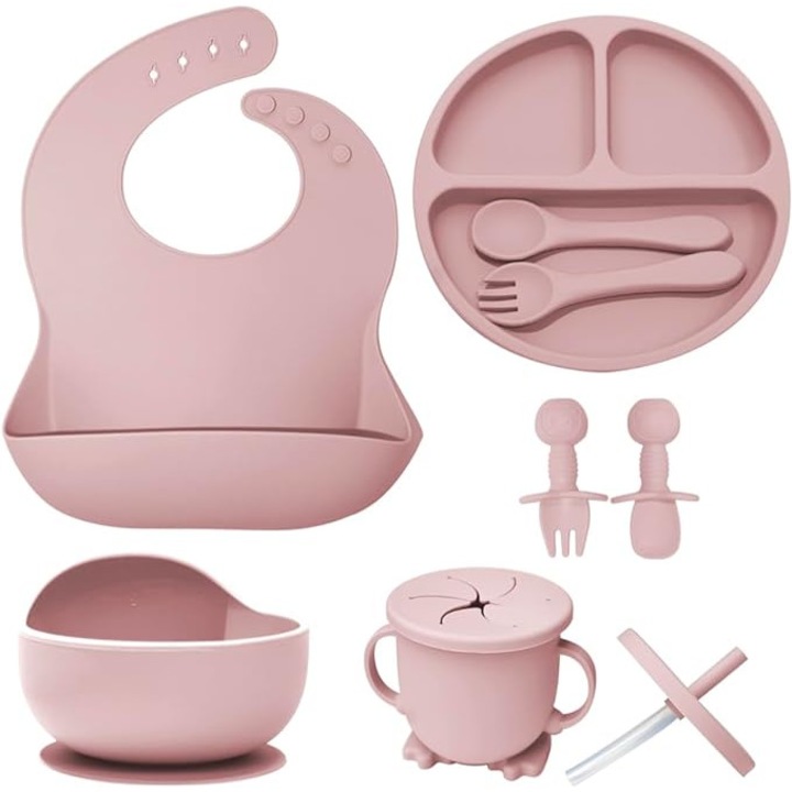 Set 8 piese hranire bebe, diversificare, MOSMAOO®, silicon, baveta, farfurie, bol cu ventuza ...
