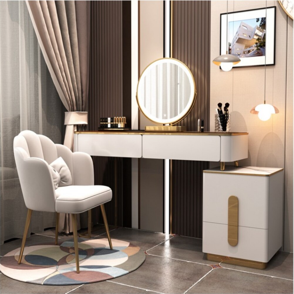 Masuta de Toaleta Cu 4 Sertare, Oglinda cu LED, Control Touch, Scaun ...
