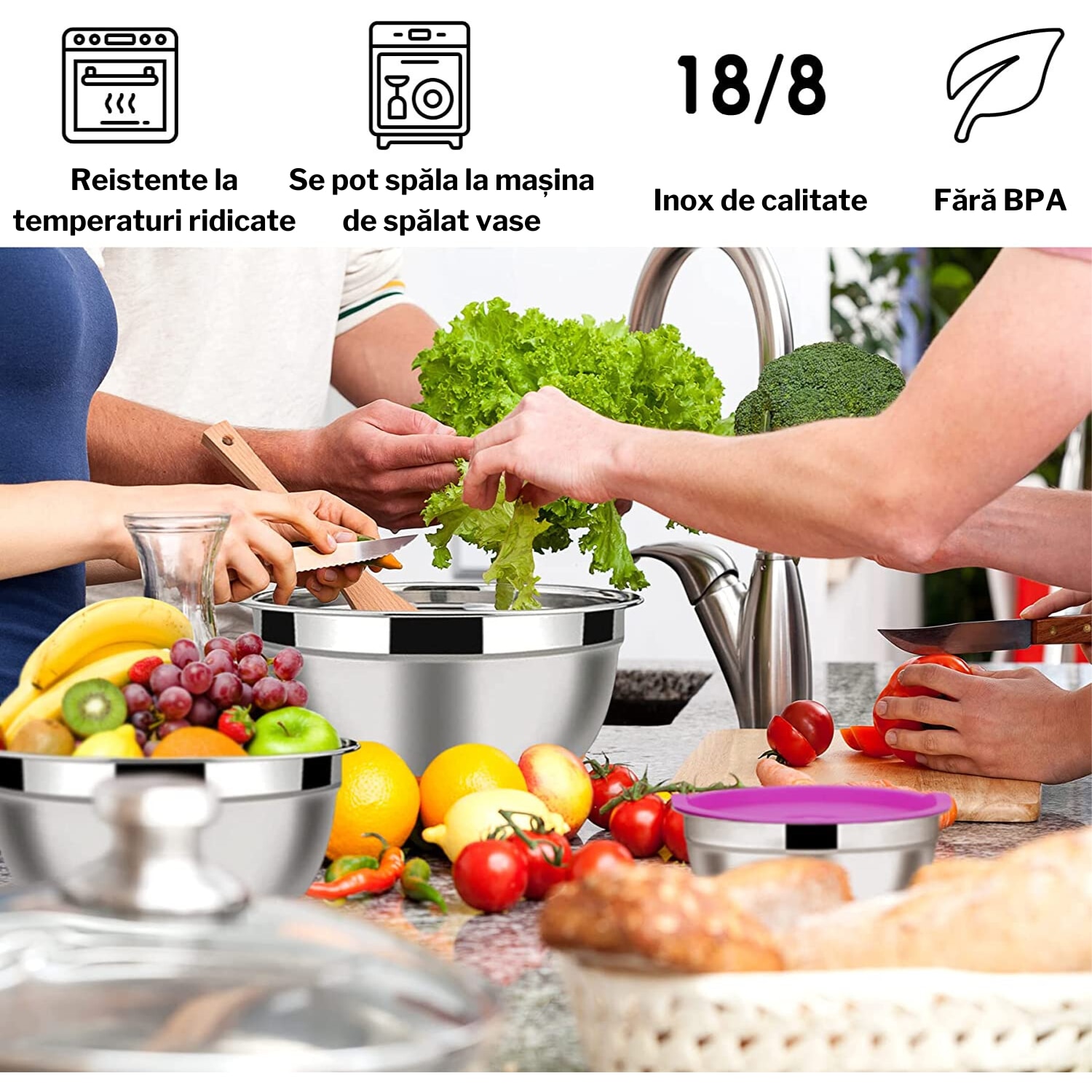 Set 3 Castroane cu Capace Colorate si Coastere, Bukate, Inox, 6 piese ...