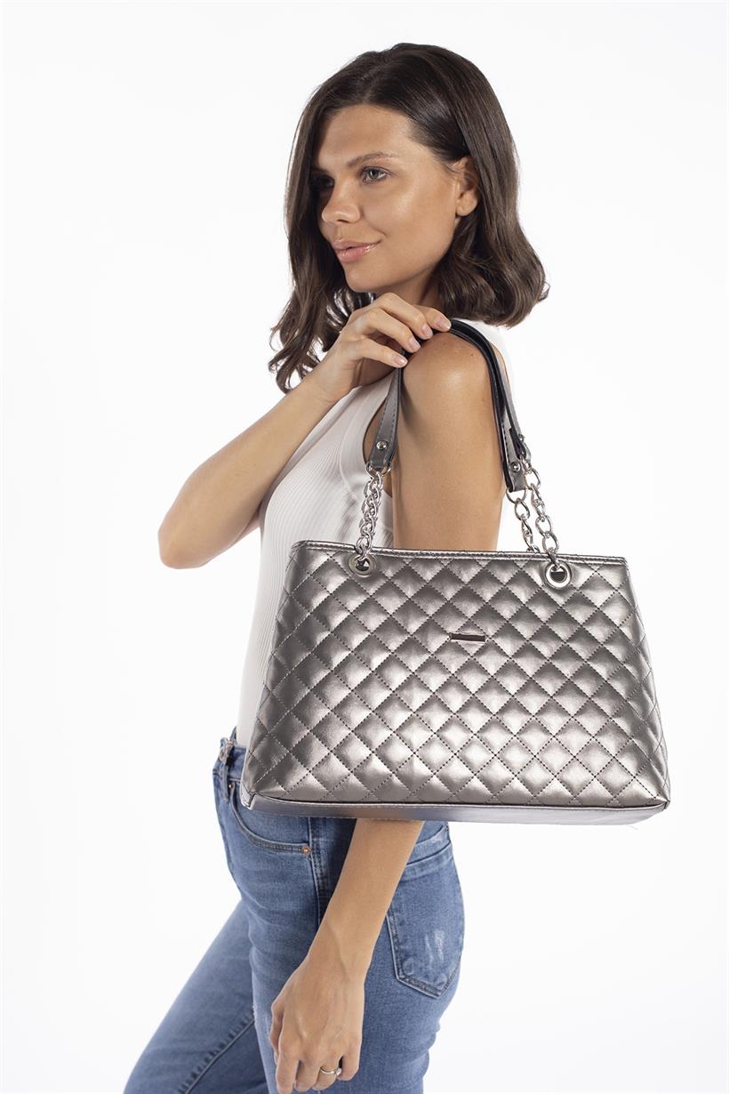 Geanta mare de mana cu lant, 21x37 cm, Argintiu inchis - eMAG.ro