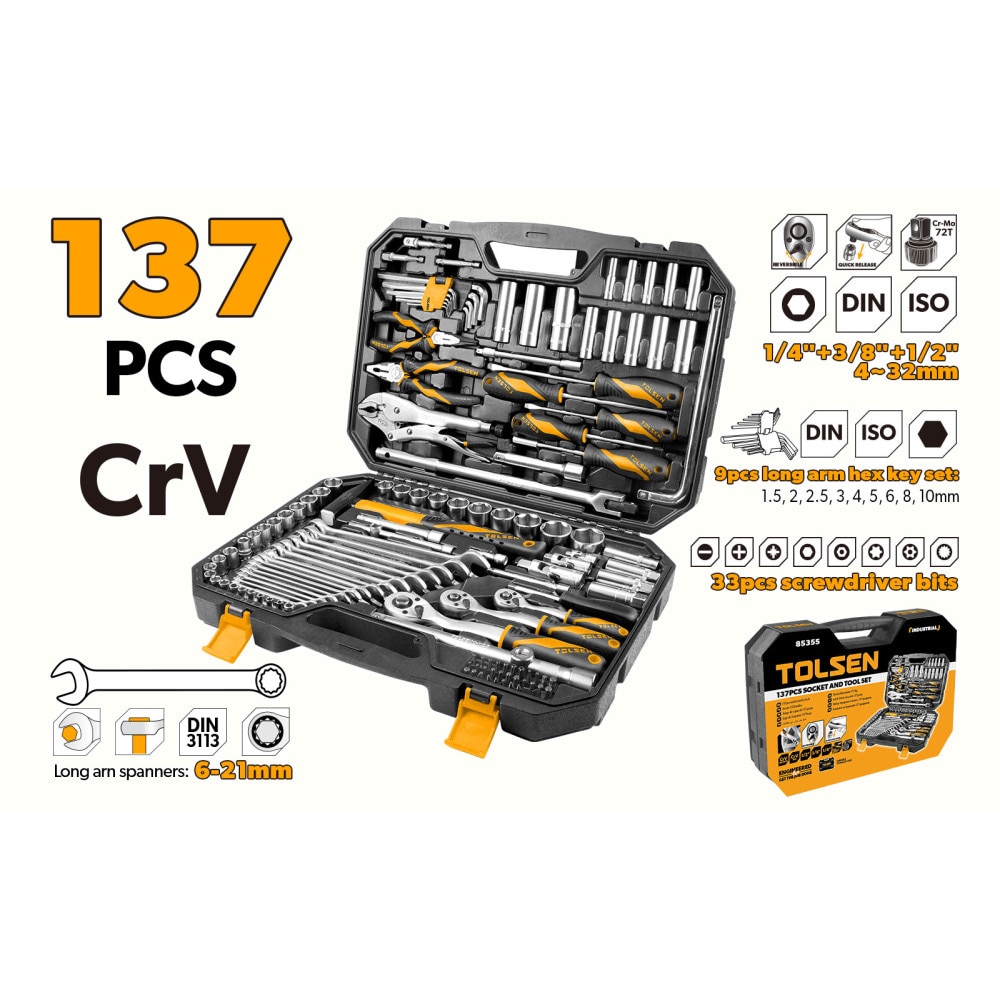 Set de chei si unelte 137 buc, Cr-V, Tolsen - eMAG.ro