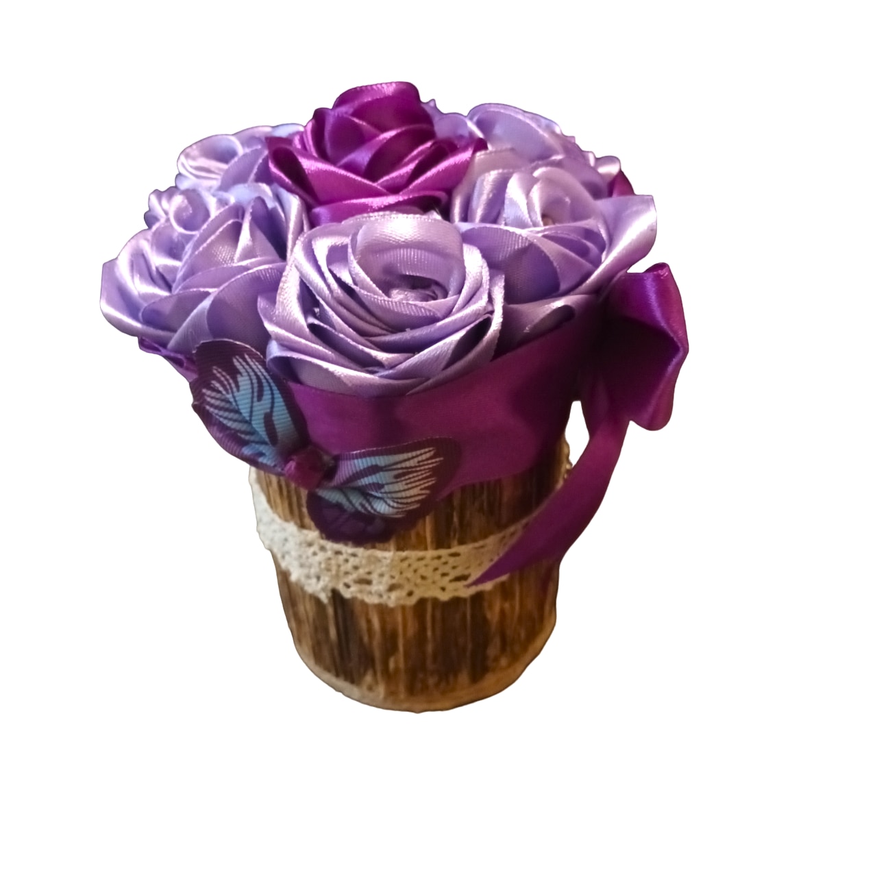 Aranjament flori de satin, realizat manual, 16x14 cm, mov - eMAG.ro