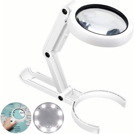 Lupa cu suport pliabil, 5X, 8 lumini LED, Alimentare USB, Plastic, Alb ...