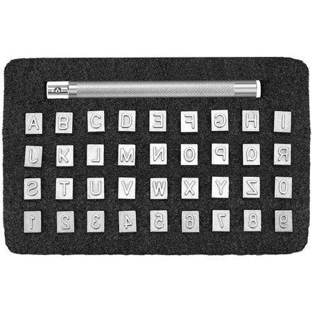 Set sablon pentru piele, Metal, 37 litere si numere, Negru/Argintiu ...