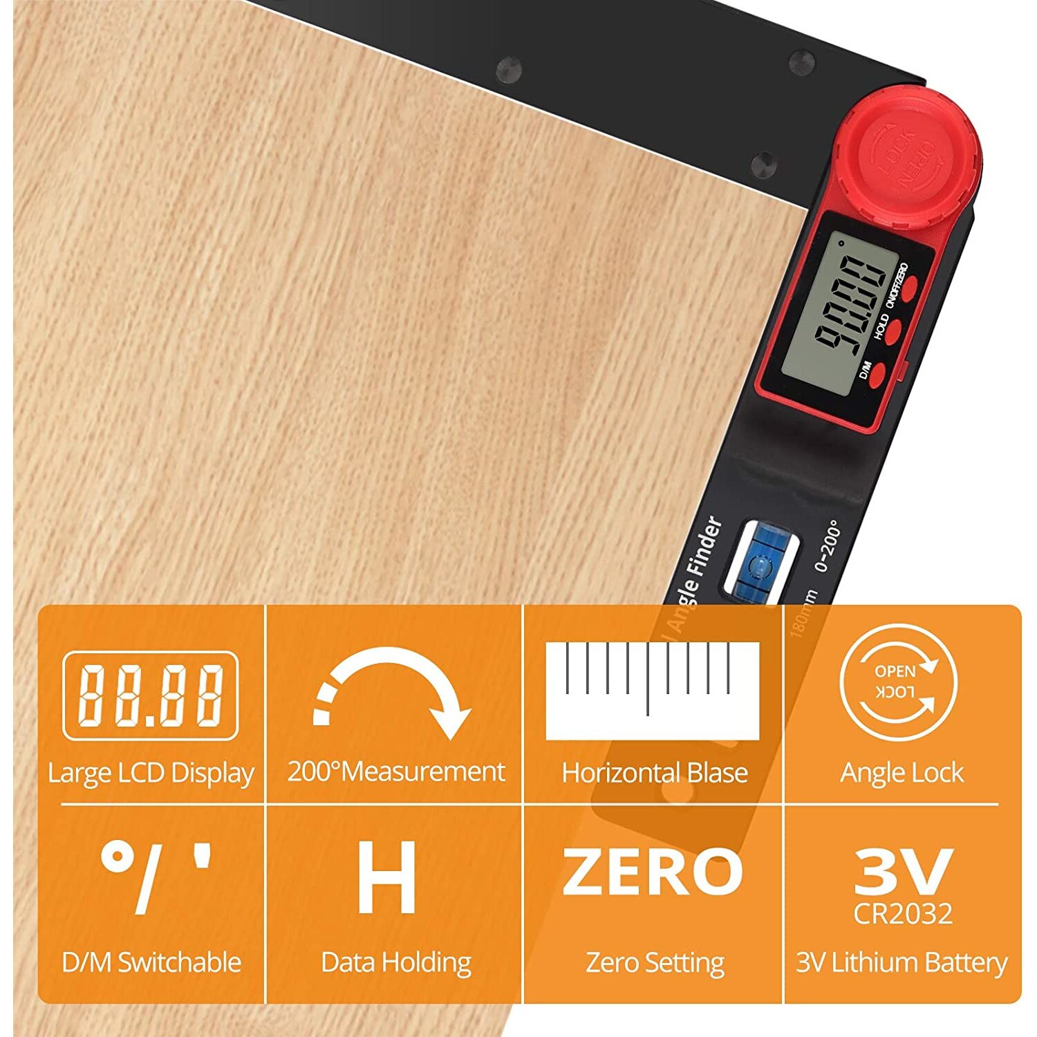 Raportor digital de unghiuri, Afisaj LCD, Nivel orizontal/vertical, 0 ...