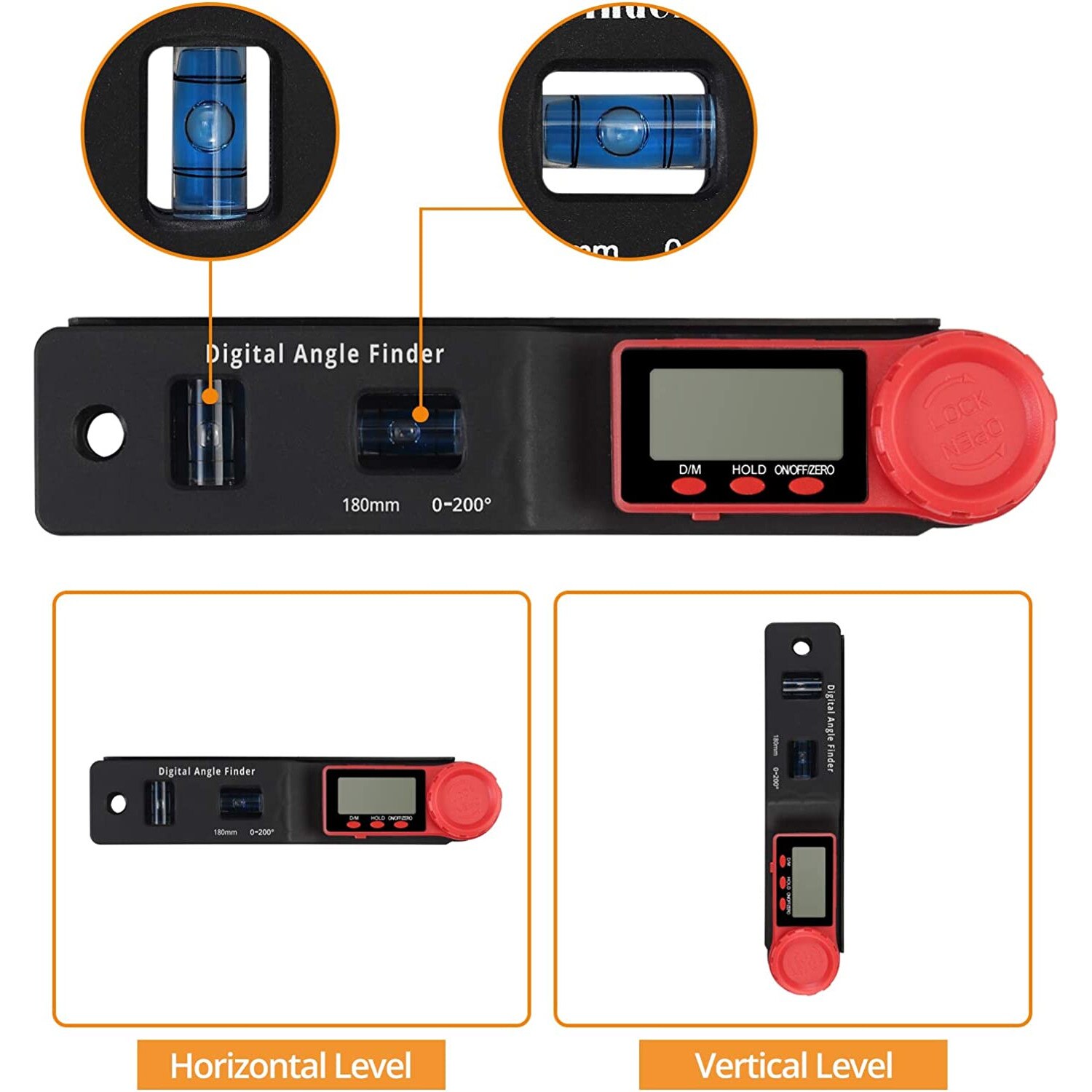 Raportor digital de unghiuri, Afisaj LCD, Nivel orizontal/vertical, 0 ...