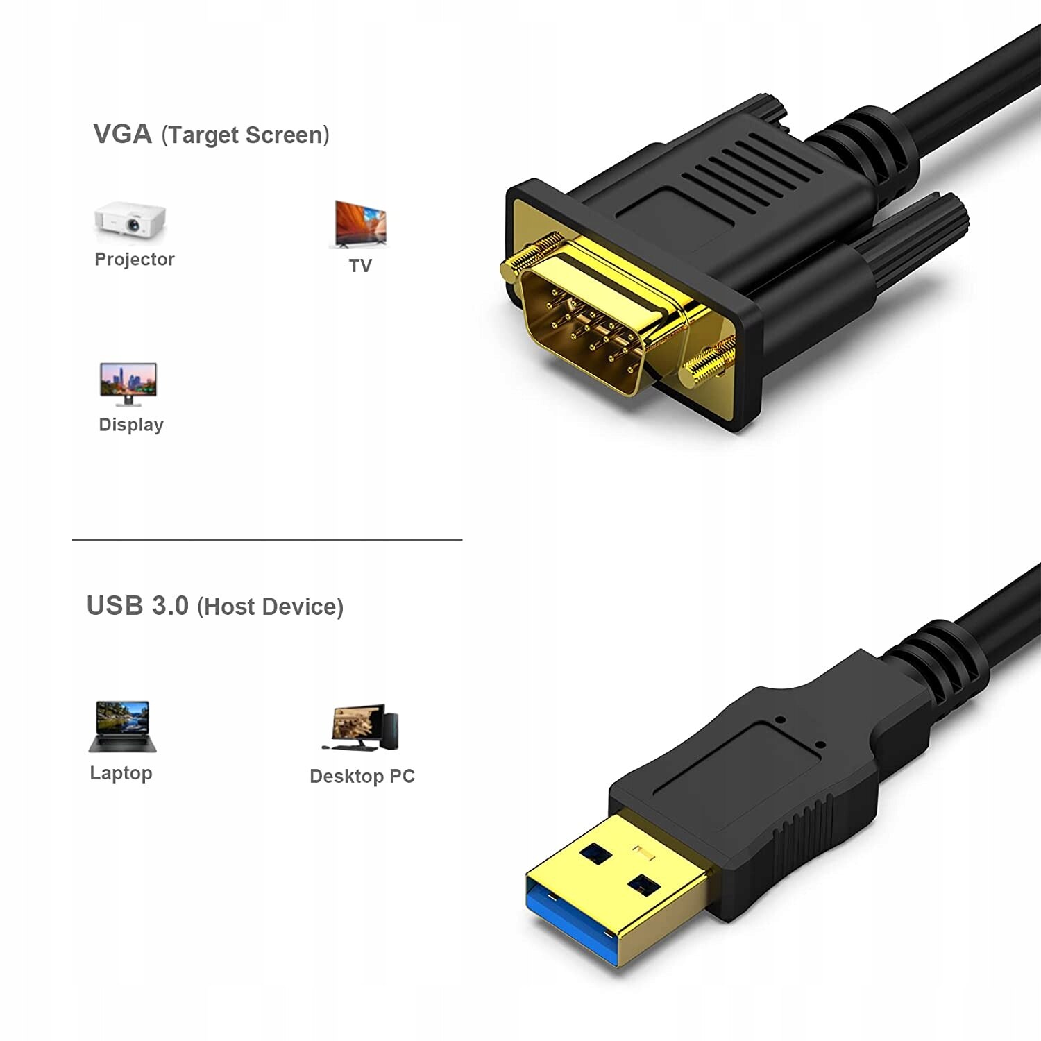 Cablu adaptor USB 3.0 la VGA, 1.8 m, 1080p, Negru/Auriu - eMAG.ro