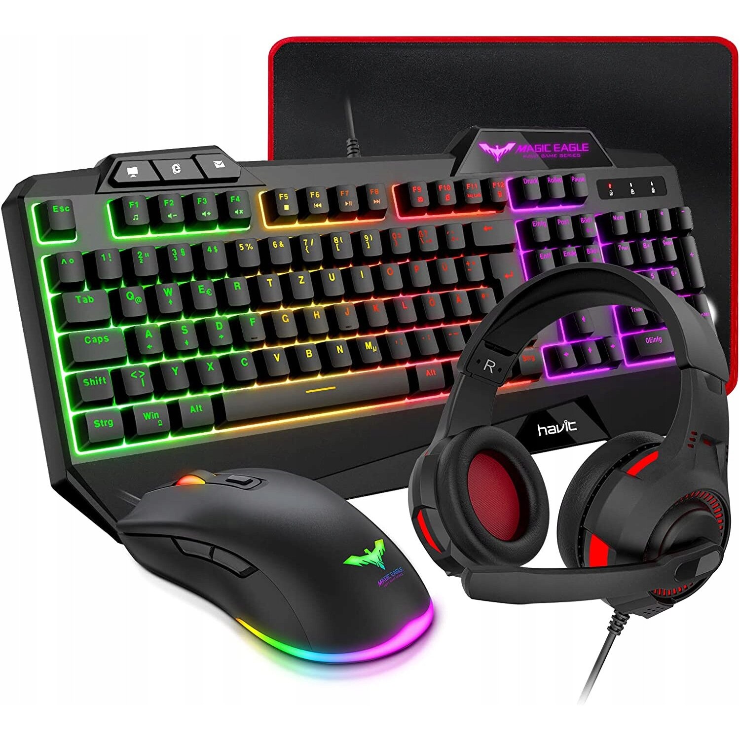 Set tastatura, casti si mouse, LED, USB, Multicolor - eMAG.ro