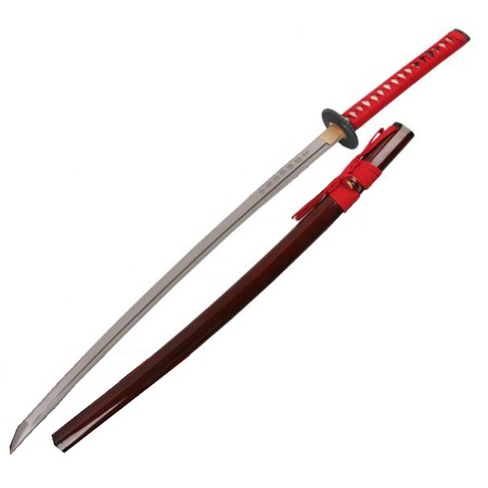 Sabie de Samurai Profesionala Katana cu Teaca Rosu, Otel carbon, Lemn ...