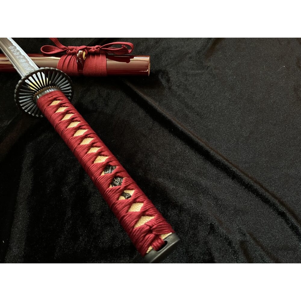 Sabie de Samurai Profesionala Katana cu Teaca Rosu, Otel carbon, Lemn ...