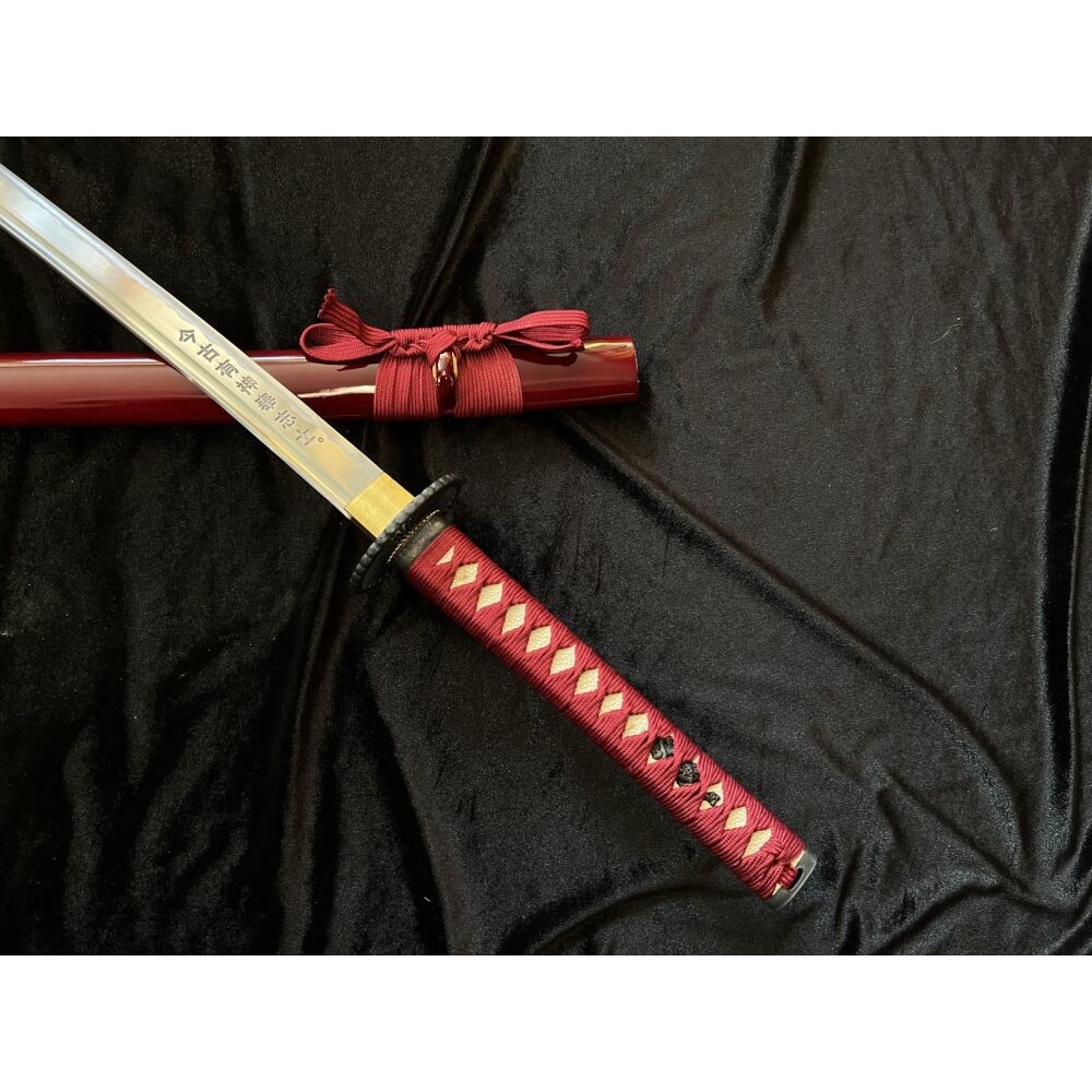 Sabie de Samurai Profesionala Katana cu Teaca Rosu, Otel carbon, Lemn ...