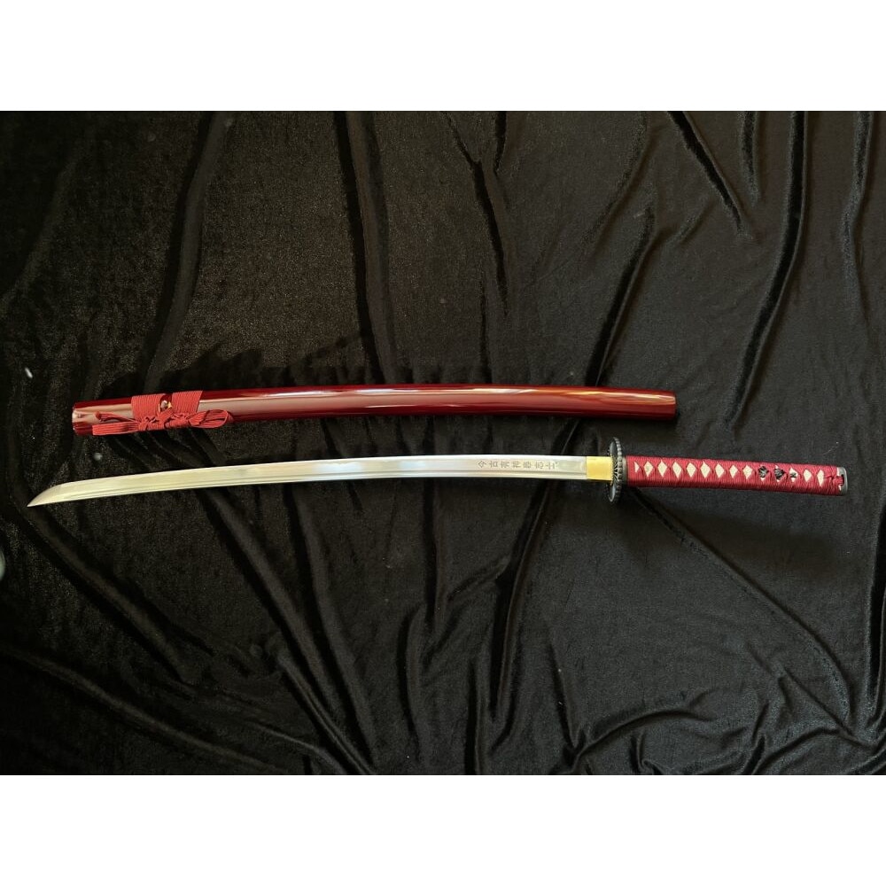Sabie de Samurai Profesionala Katana cu Teaca Rosu, Otel carbon, Lemn ...