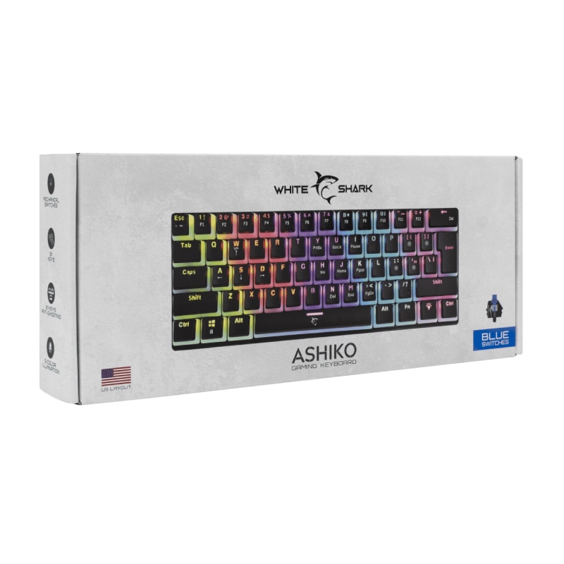 Tastatura mecanica gaming, White Shark, ASHIKO-B/BL, cu fir, US Layout ...