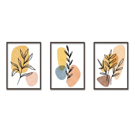 Set 3 tablouri, Frunze si forme, 30x40 cm, Lemn natural maro inchis ...