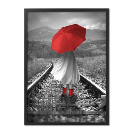 Poster - Fata cu umbrela rosie pe sinele de cale ferata 21x30 Black ...