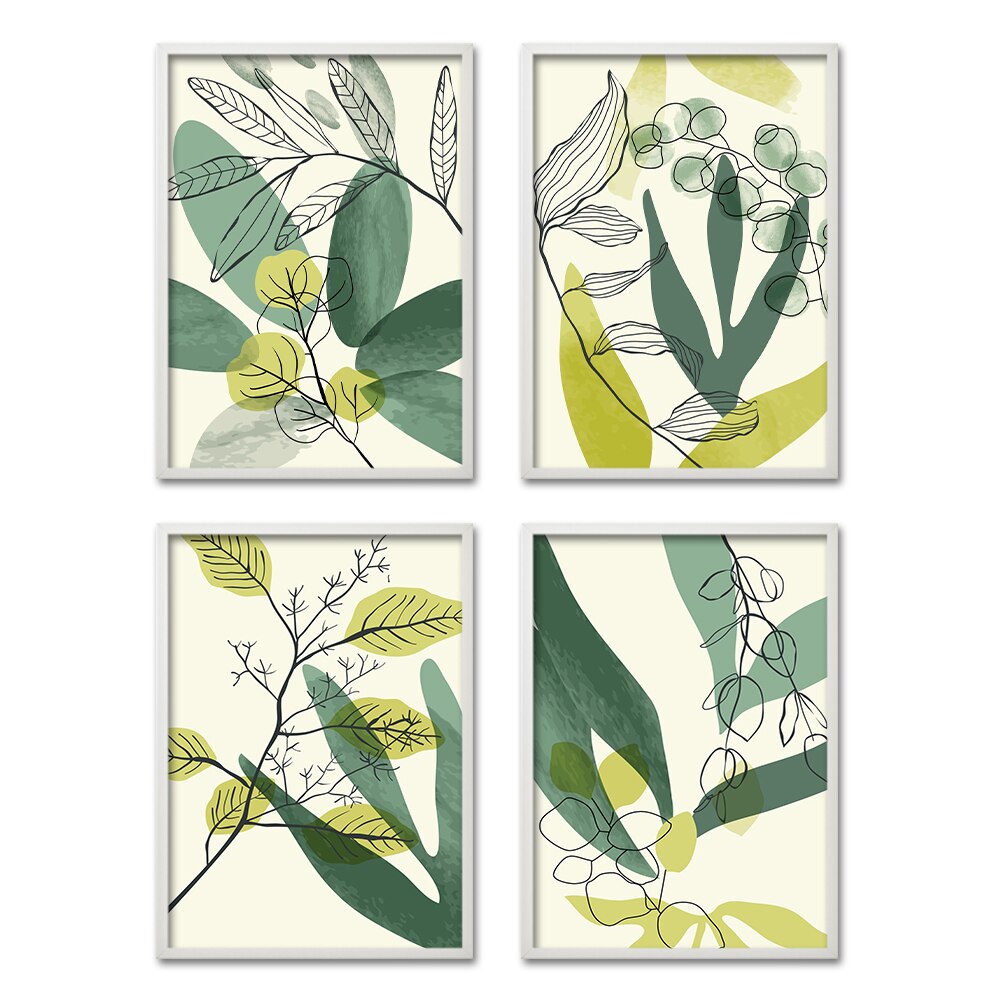 Patru postere cu rama - Model cu frunze 21x30, lemn alb - eMAG.ro