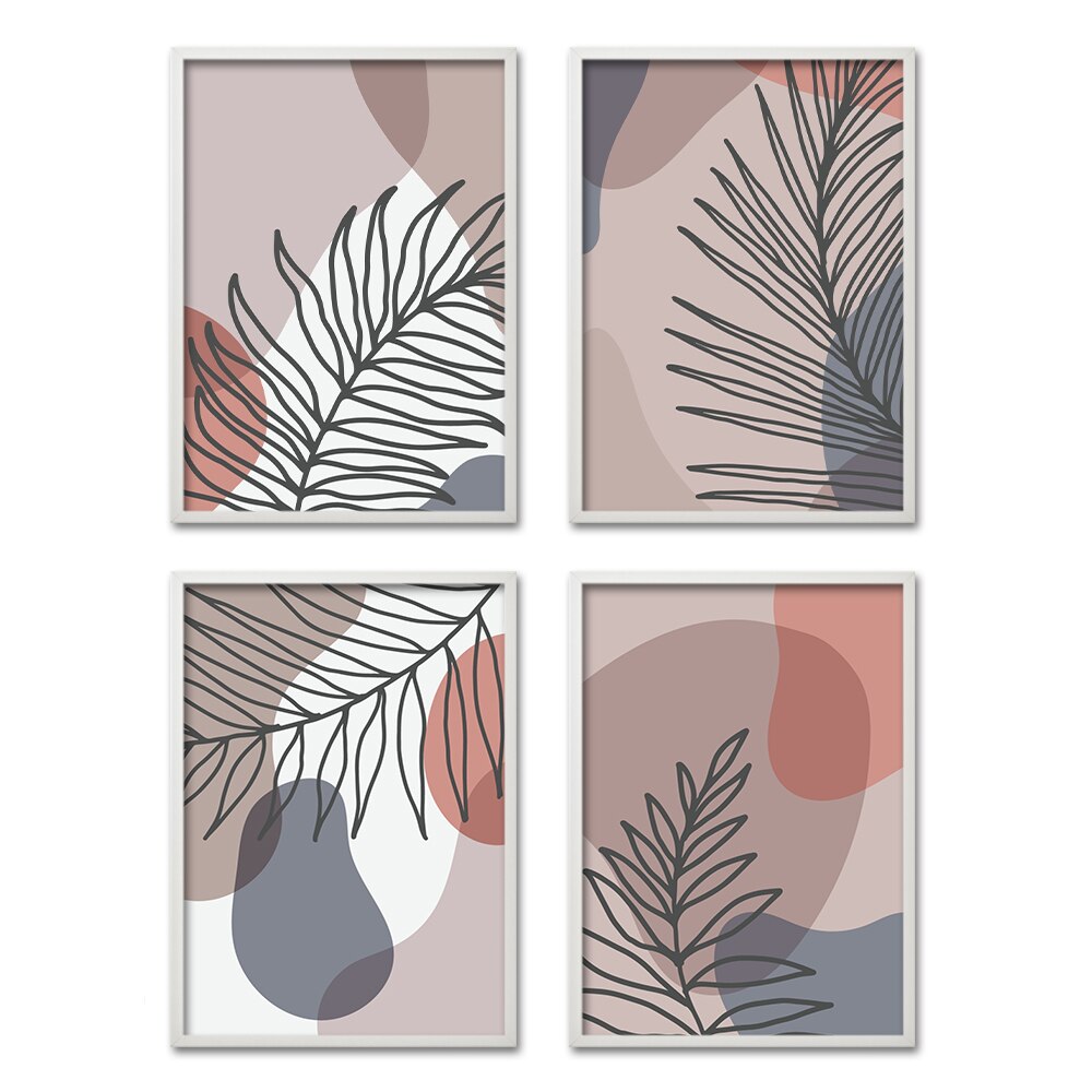 Patru postere cu rama - Model cu frunze 40x50, Lemn Alb - eMAG.ro