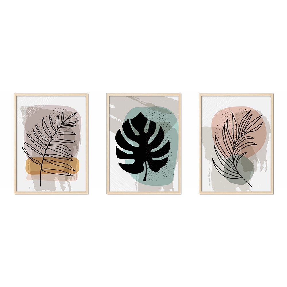 Trei poster cu rama - Model cu frunze 21x30, Lemn natural deschis - eMAG.ro