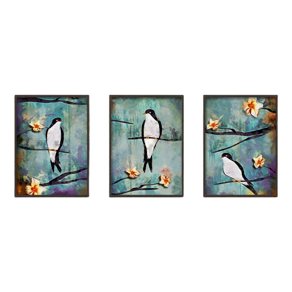 Set 3 tablouri, Pasari pe fundal colorat, 21x30 cm, Maro inchis - eMAG.ro