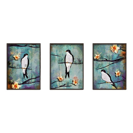 Set 3 tablouri, Pasari pe fundal colorat, 21x30 cm, Maro inchis - eMAG.ro