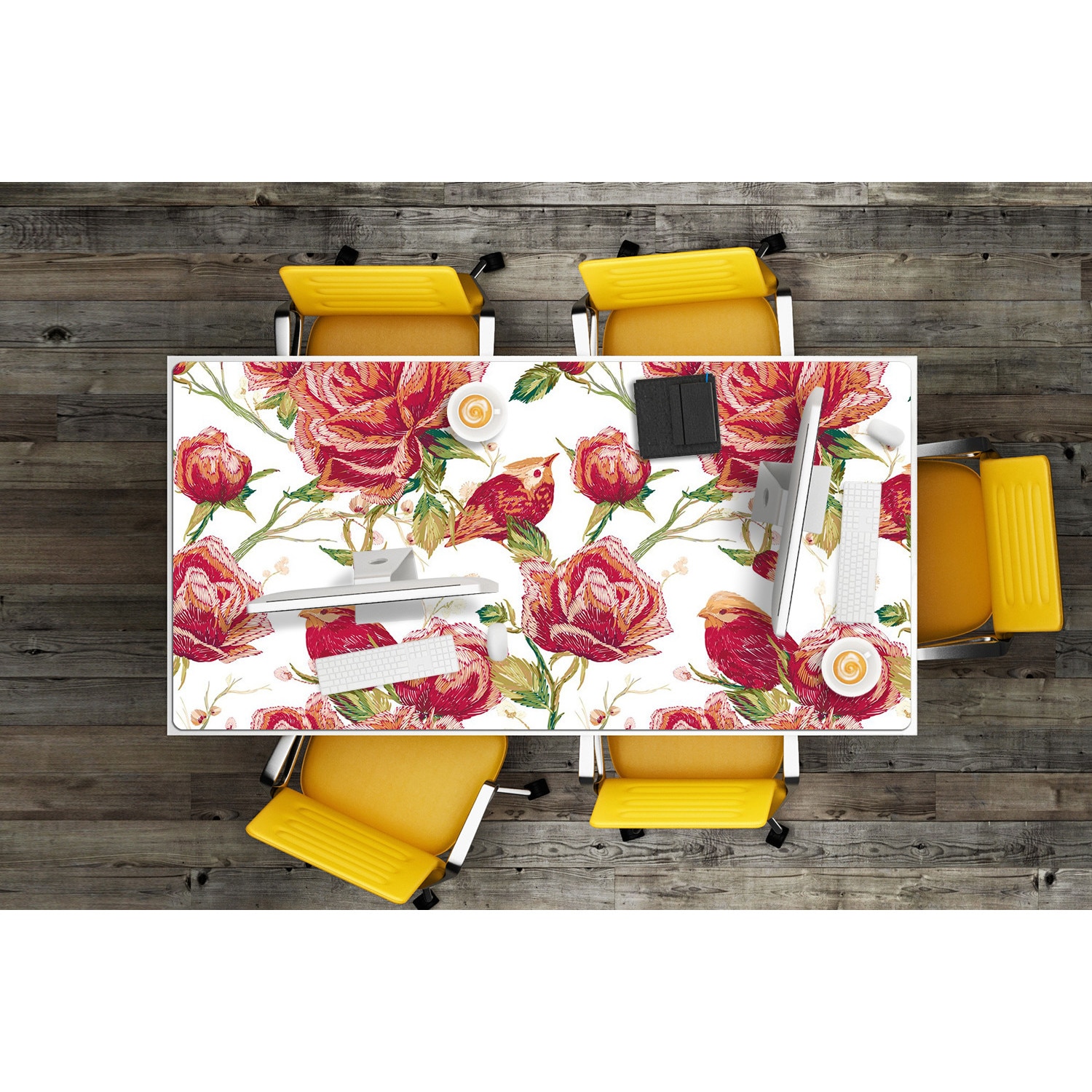 Mapa birou, din PVC, pentru protectie birou, Pasari Rosii, Rosu, 120 cm ...